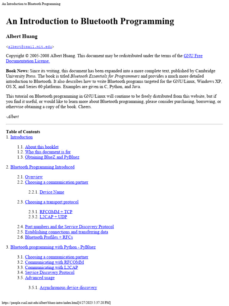 An Introduction To Bluetooth Programming - Huang, Albert | PDF