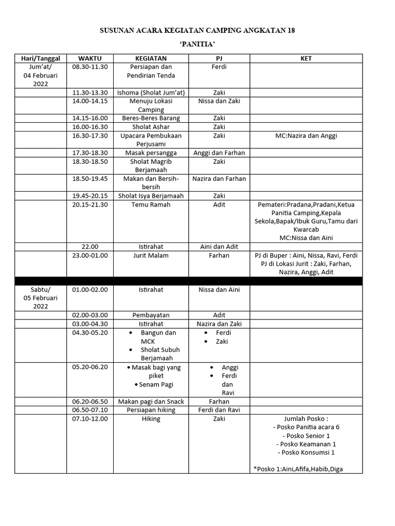 Susunan Acara Kegiatan Camping Angkatan 18 | PDF