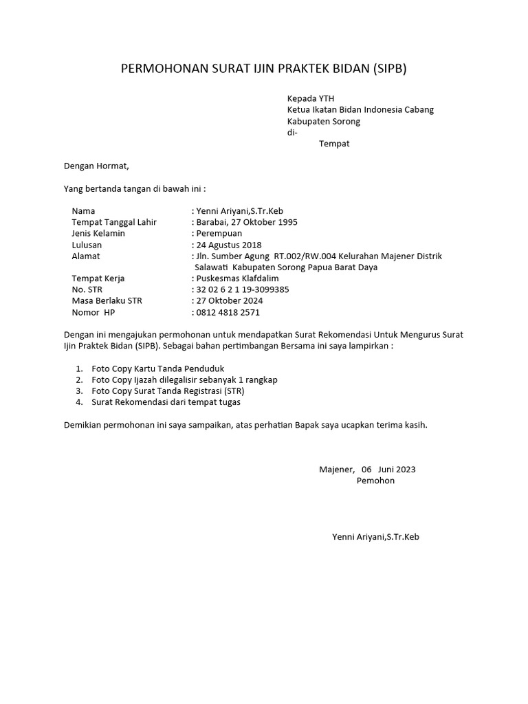 Surat Permohonan Rekomendasi IBI Pribadi | PDF