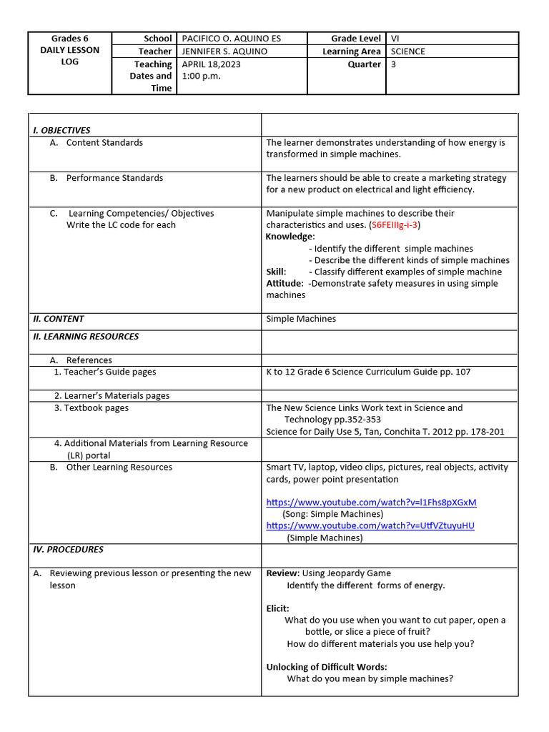 COT DLP Science 6 Simple Machines - Doc Version 1 | PDF