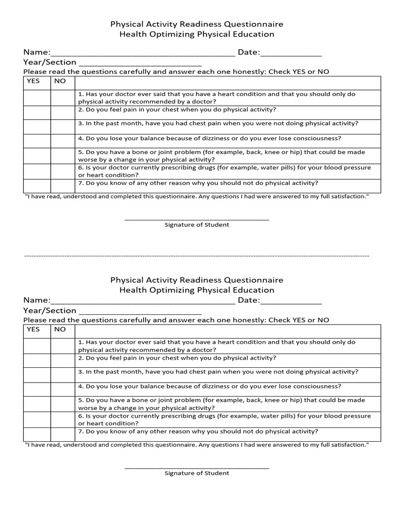 Physical Activity Readiness Questionnaire | Download Free PDF | Pain ...