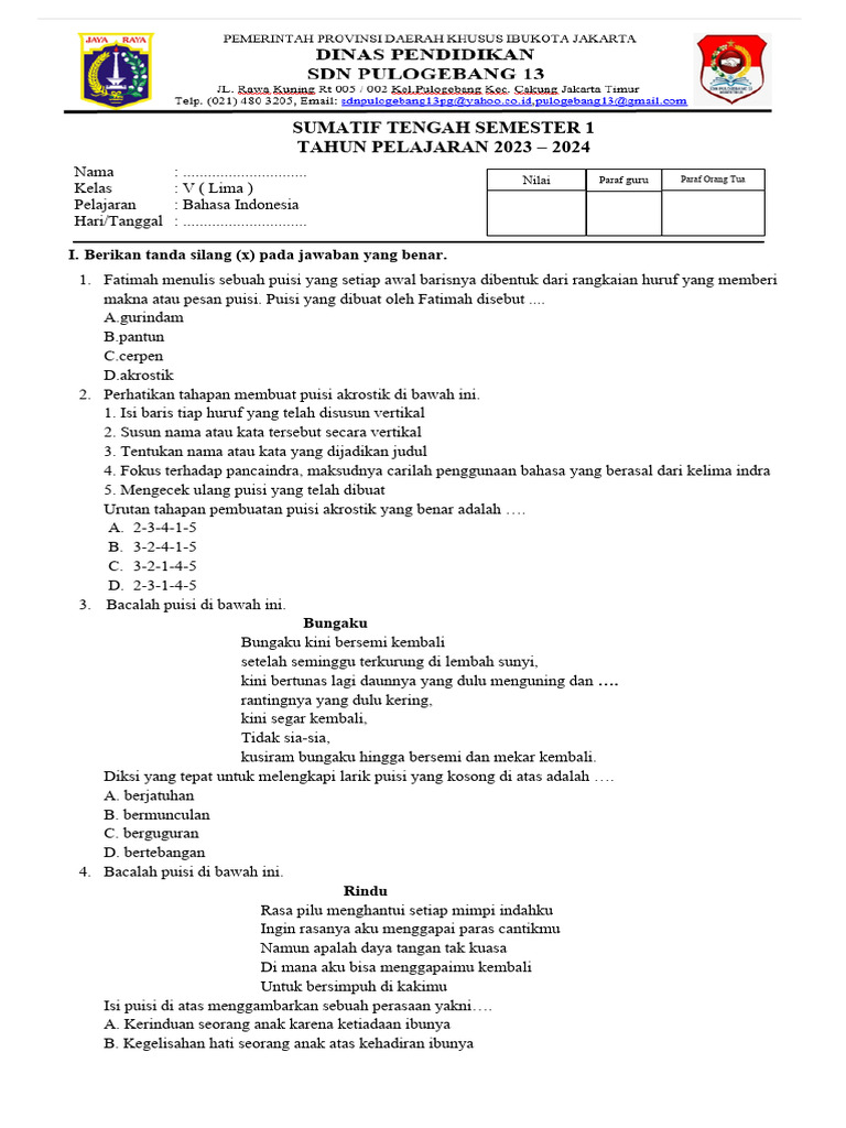 Soal PTS B.indo SMSTR 1 Kelas 5-1 | PDF