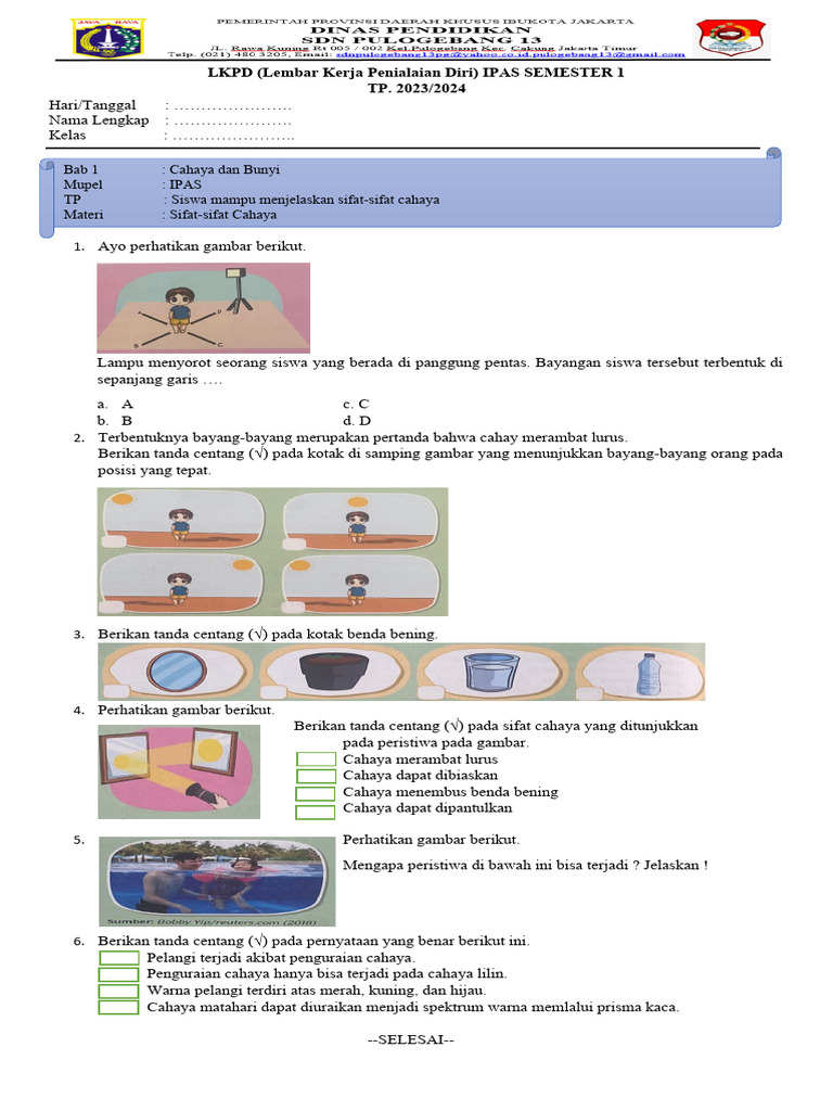 LKPD Ipas Cahaya Dan Bunyi | PDF | Metode & Bahan Ajar | Seni