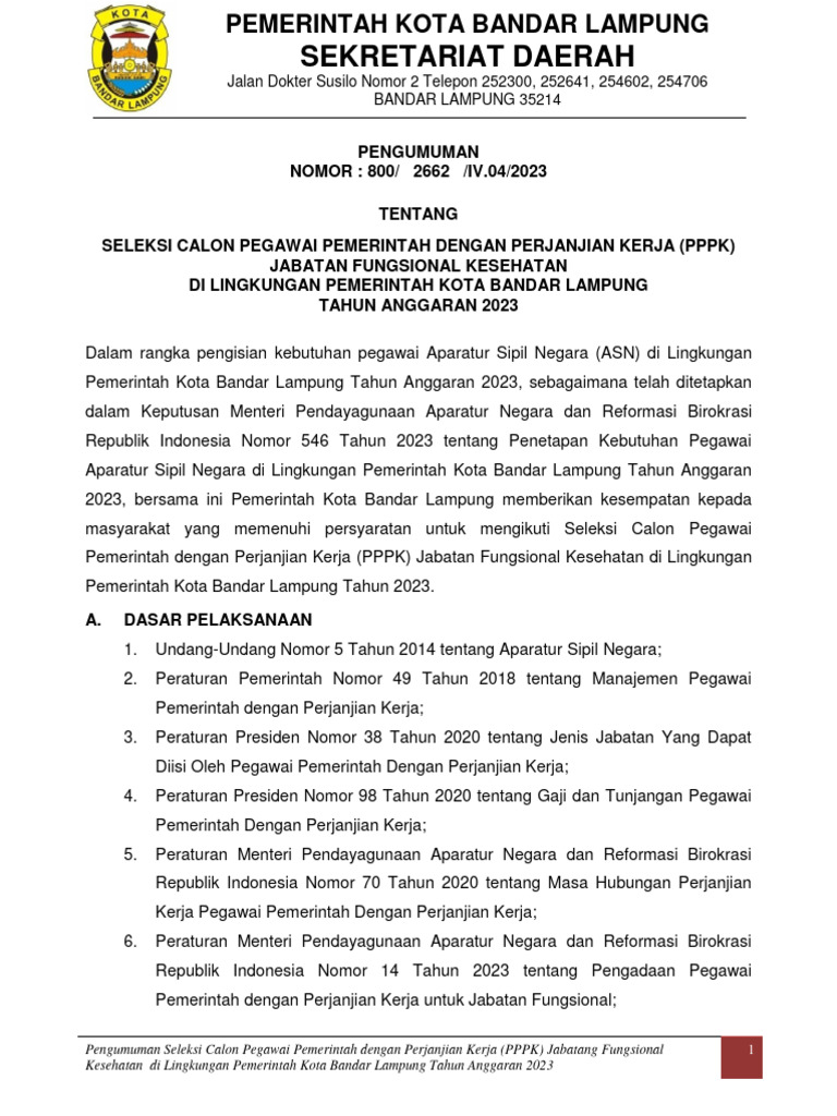 517-Pengumuman Seleksi PPPK JF Kesehatan Pemerintah Kota Bandar Lampung Tahun 2023-1 | PDF