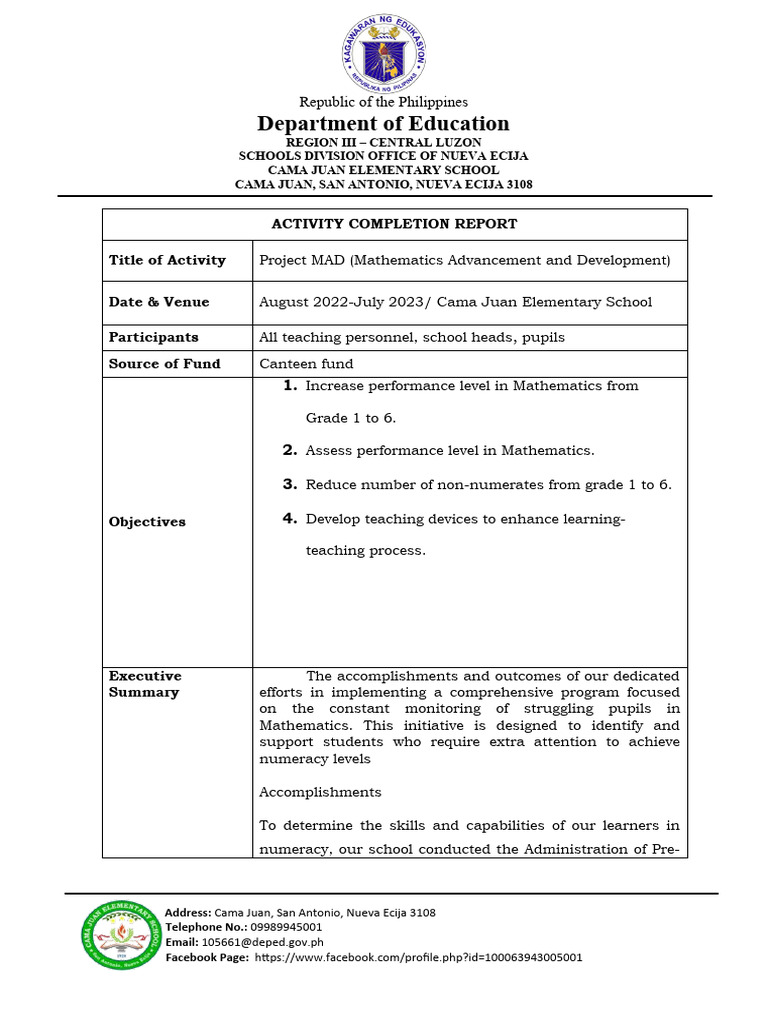 sampleACTIVITY-COMPLETION-REPORT Math | PDF