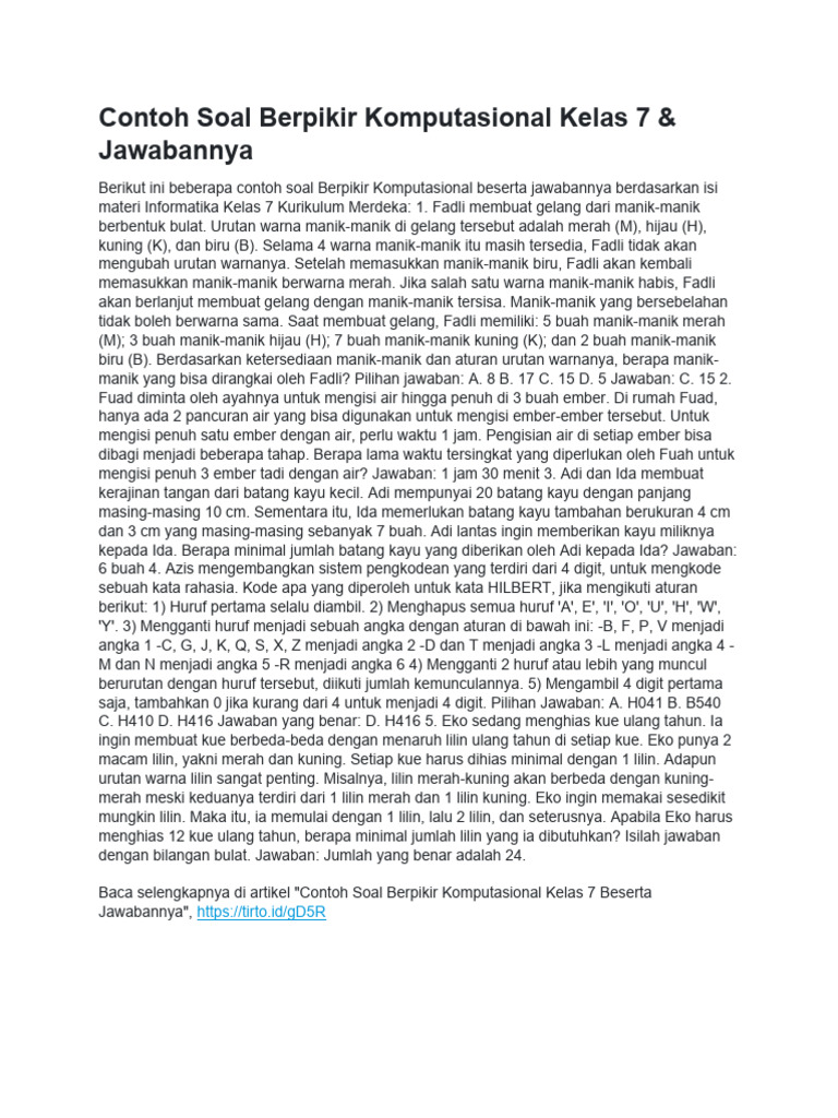 Contoh Soal Berpikir Komputasional Kelas 7 | PDF