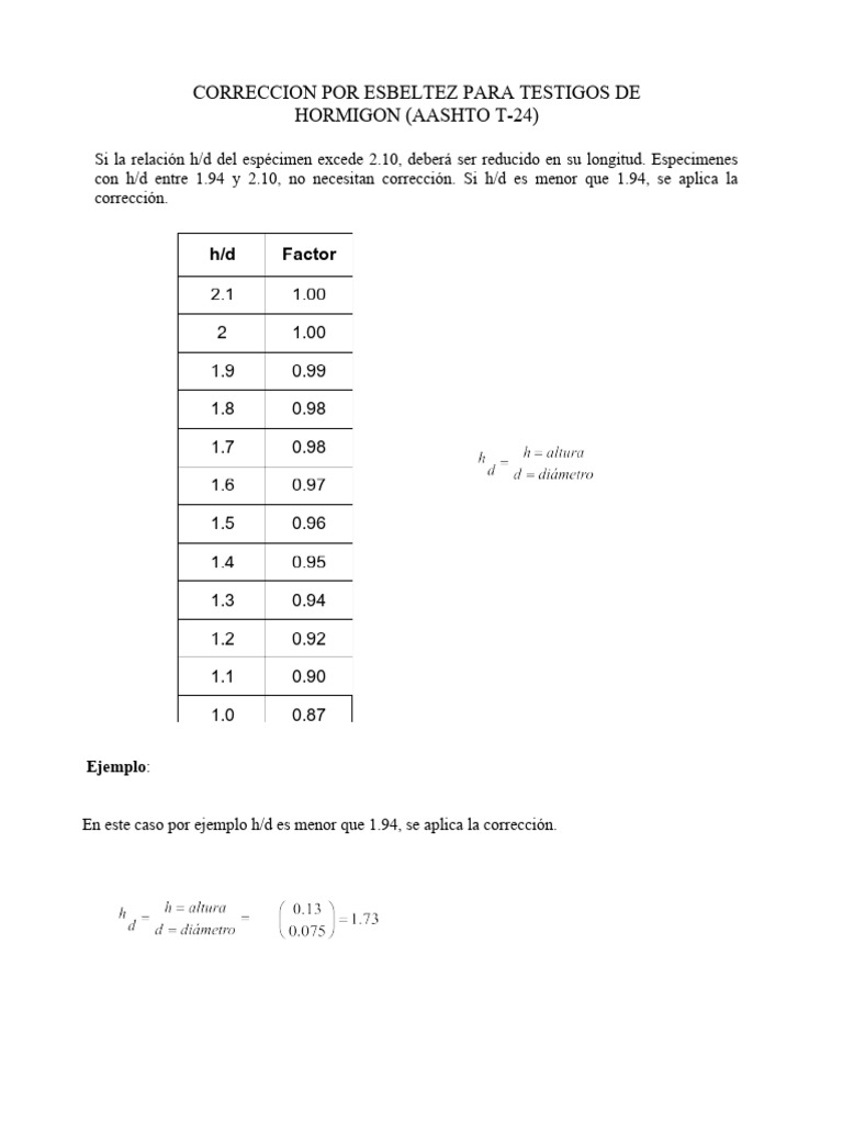 Correccion Por Esbeltez para Testigos de Hormigon Aashto T24 | PDF