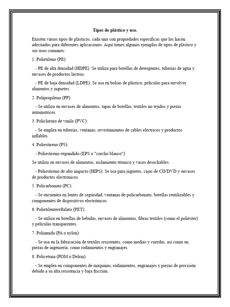 Tipos de plásticos y sus usos comunes | PDF | El plastico | Poliestireno