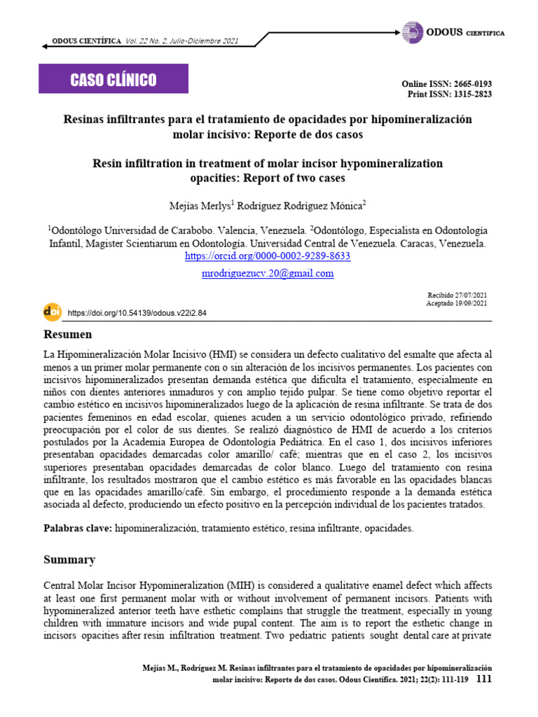 Resinas Infiltrantes en HMI: Dos Casos | PDF | Odontología | Diente