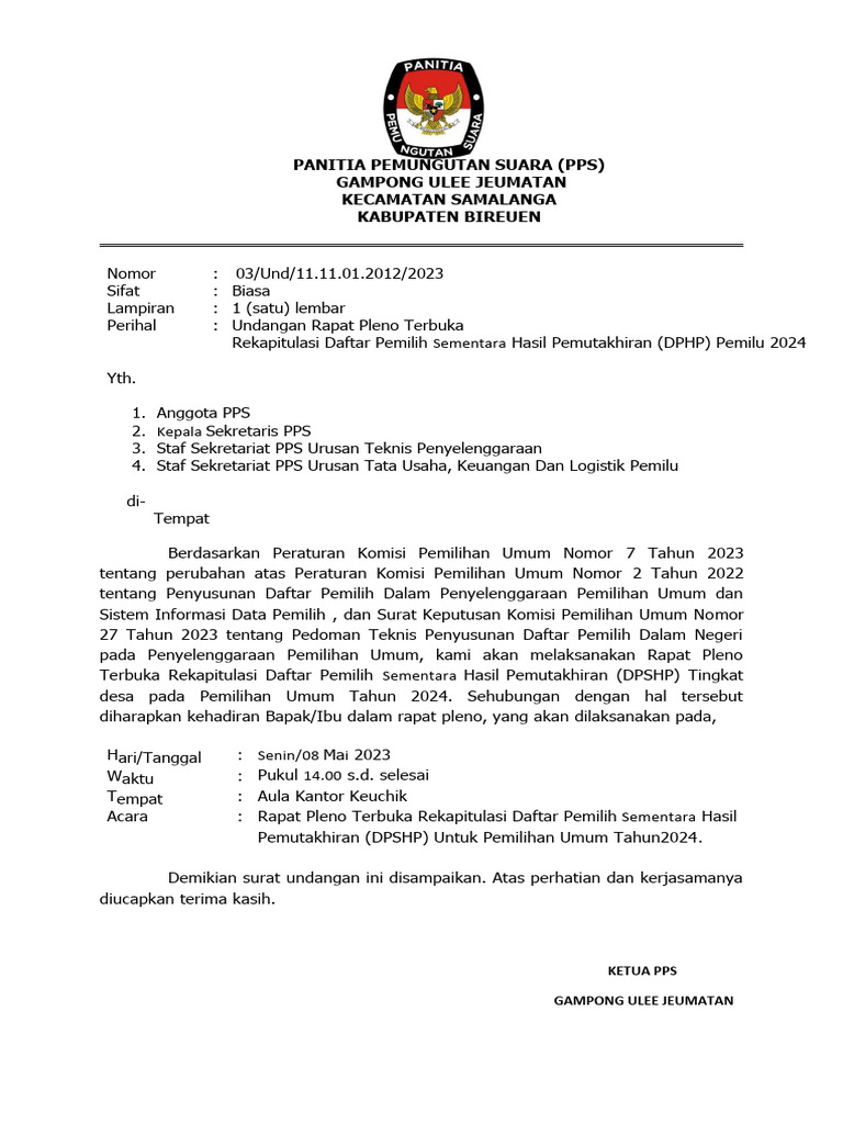 Undangan Rapat Pleno Tingkat pps Internal ulj | PDF
