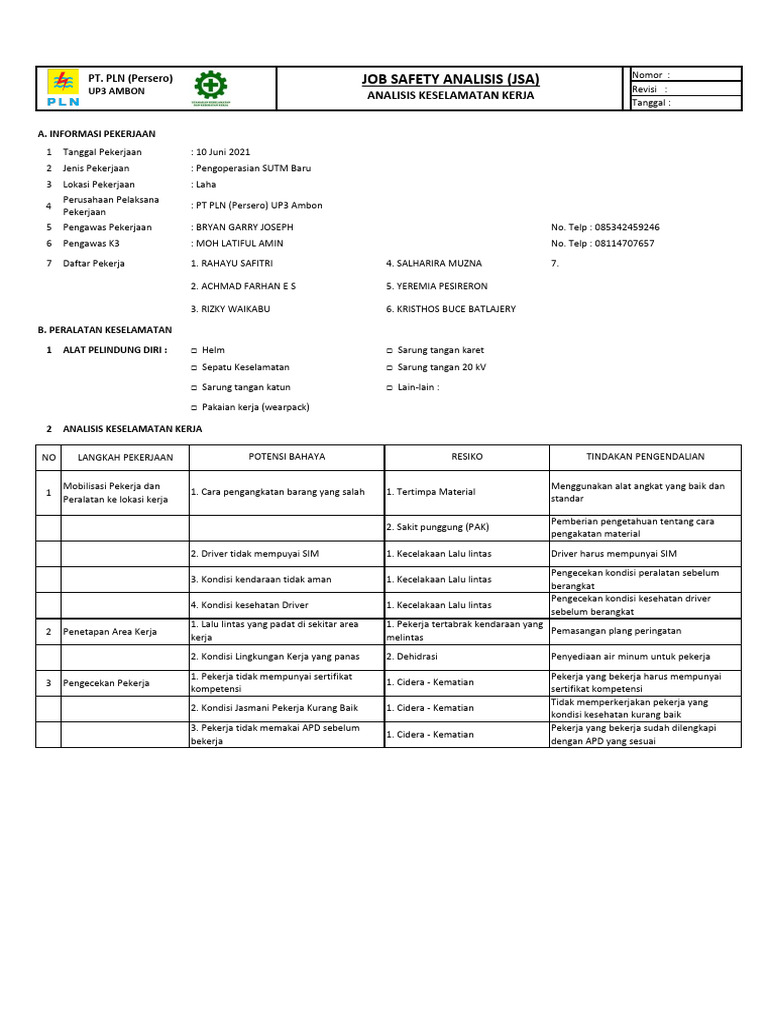 JSA K3 Pengoperasian SUTM PLN | PDF