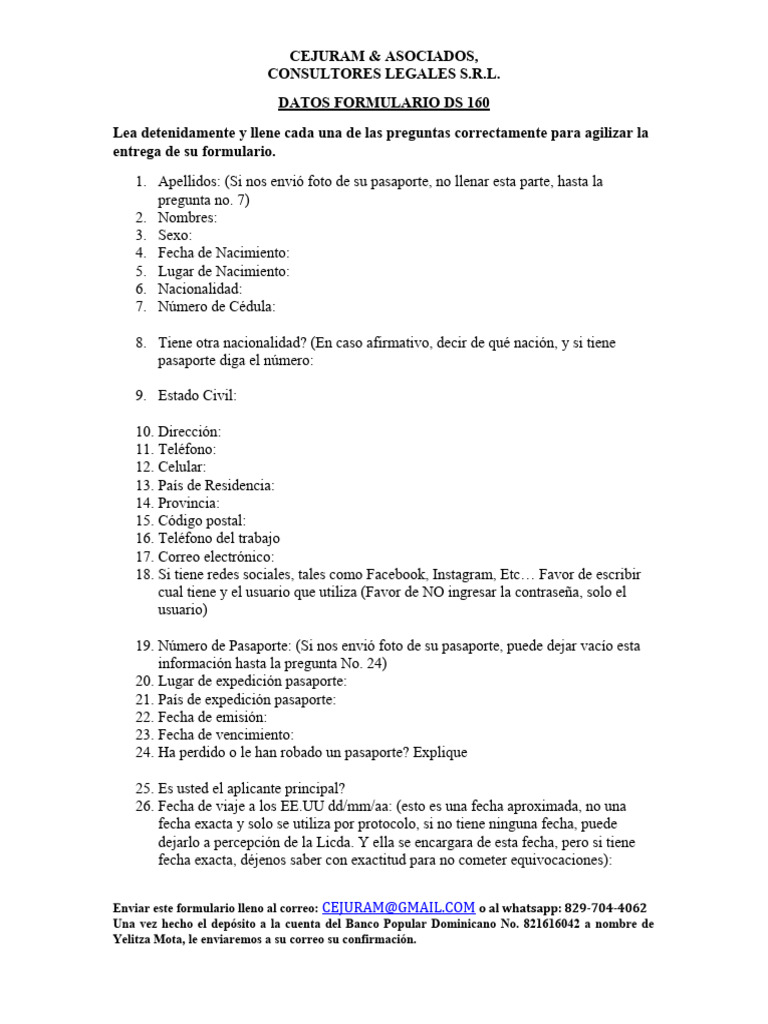 Formulario DS 160: Instrucciones y Datos | PDF | Visa de viaje