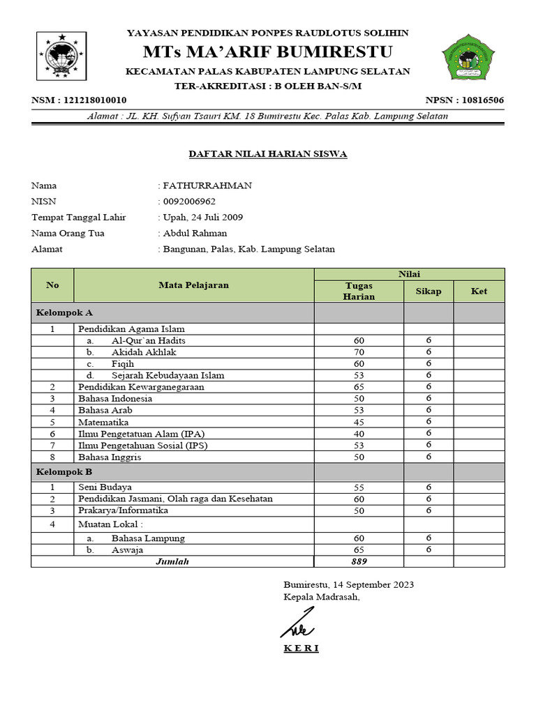 Nilai Harian Siswa Pdf
