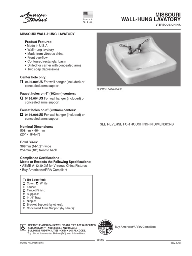 Missouri Wall-Hung Lavatory: Vitreous China | PDF