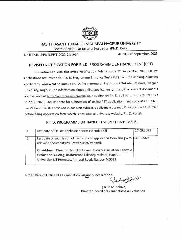 REVISED NOTIFICATION FOR Ph. D. PROGRAMME ENTRANCE TEST (PET) - 2023-24 ...