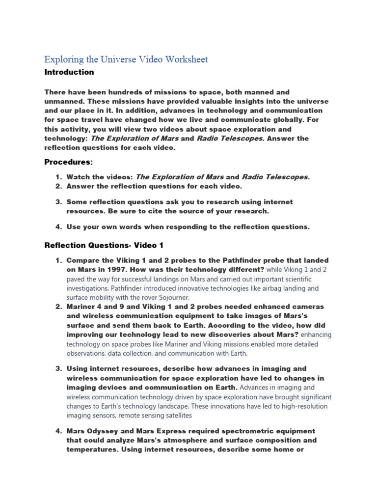 Exploring Universe Video Worksheet | PDF | Telescope | Space Exploration