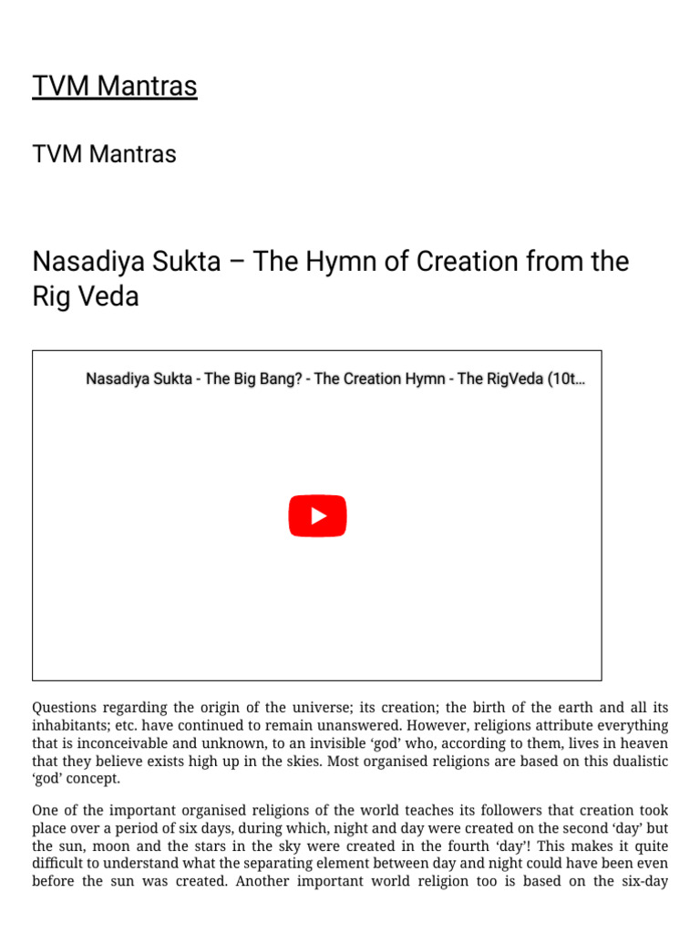 Nasadiya Sukta - The Hymn of Creation From The Rig Veda - TVM Mantras | PDF | Bhagavad Gita ...