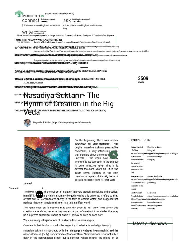 Nasadiya Suktam - The Hymn of Creation in The Rig Veda | PDF