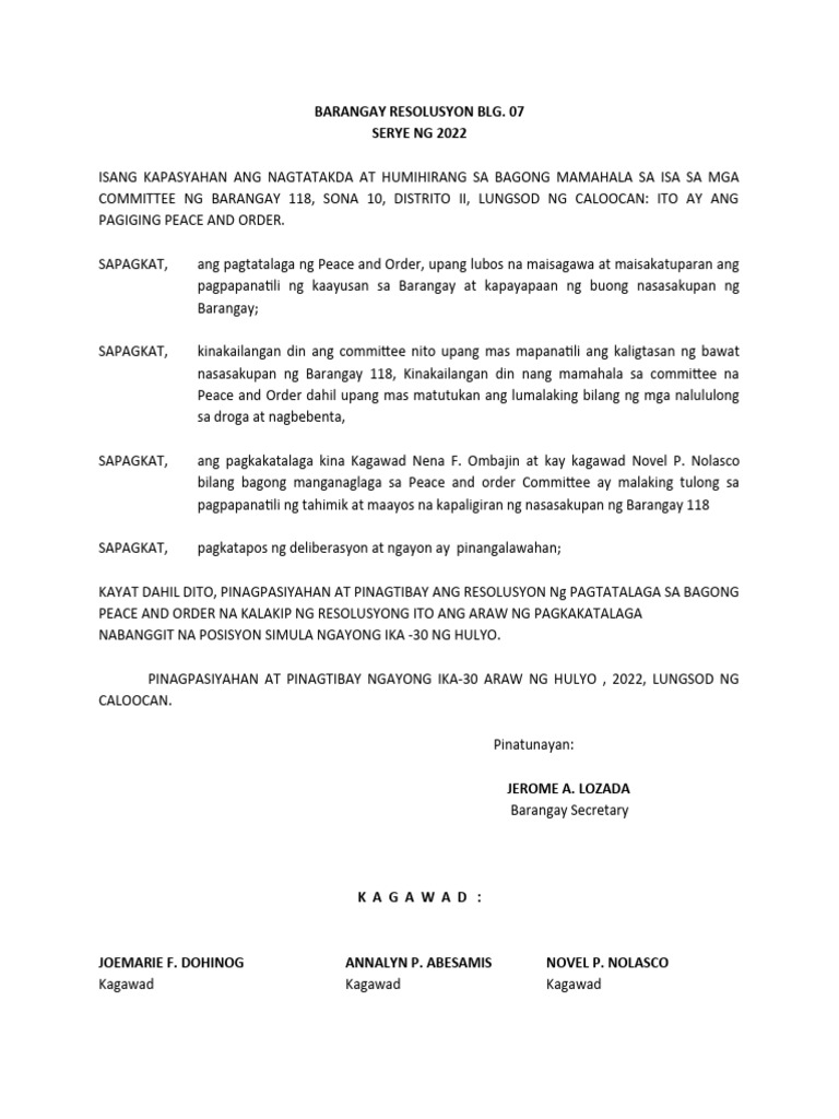 resolution #7 peace and order committee | PDF