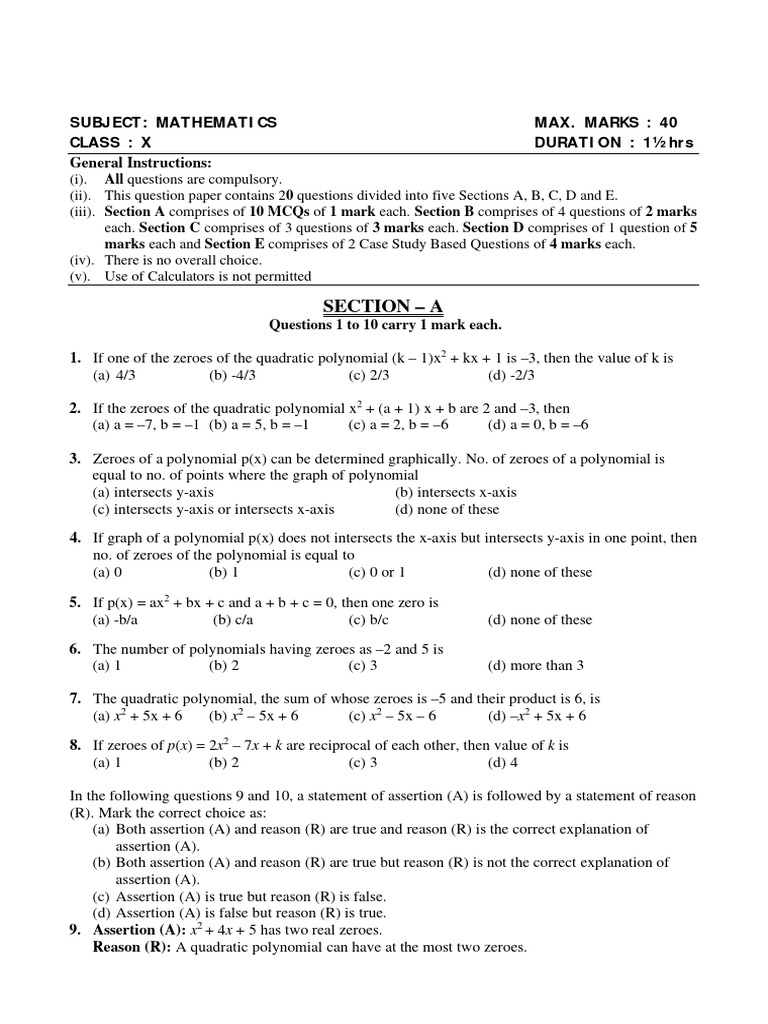 Polynomial Class 10 Worksheet 1 | PDF