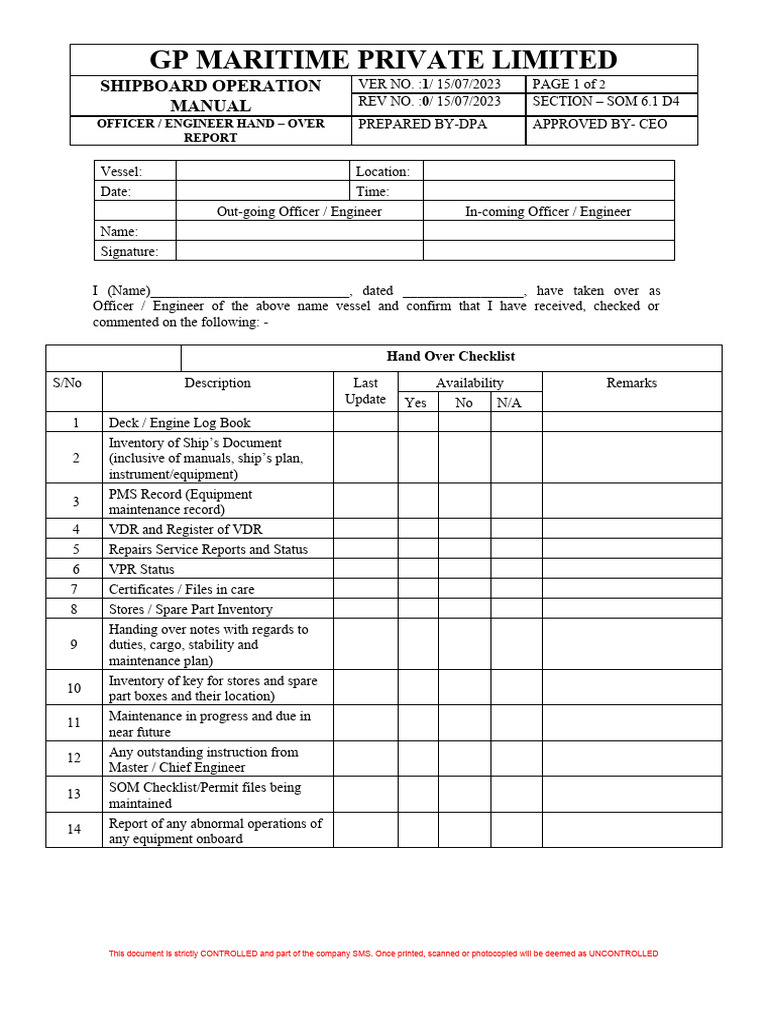 SOM 6.1 D4 Officer - Engineer Handover Report | PDF | Shipping | Water ...