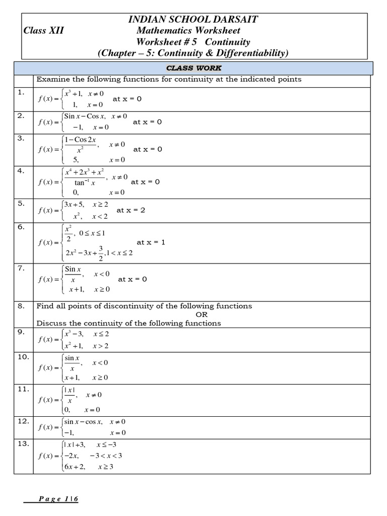 Worksheet 5 Continuity | PDF