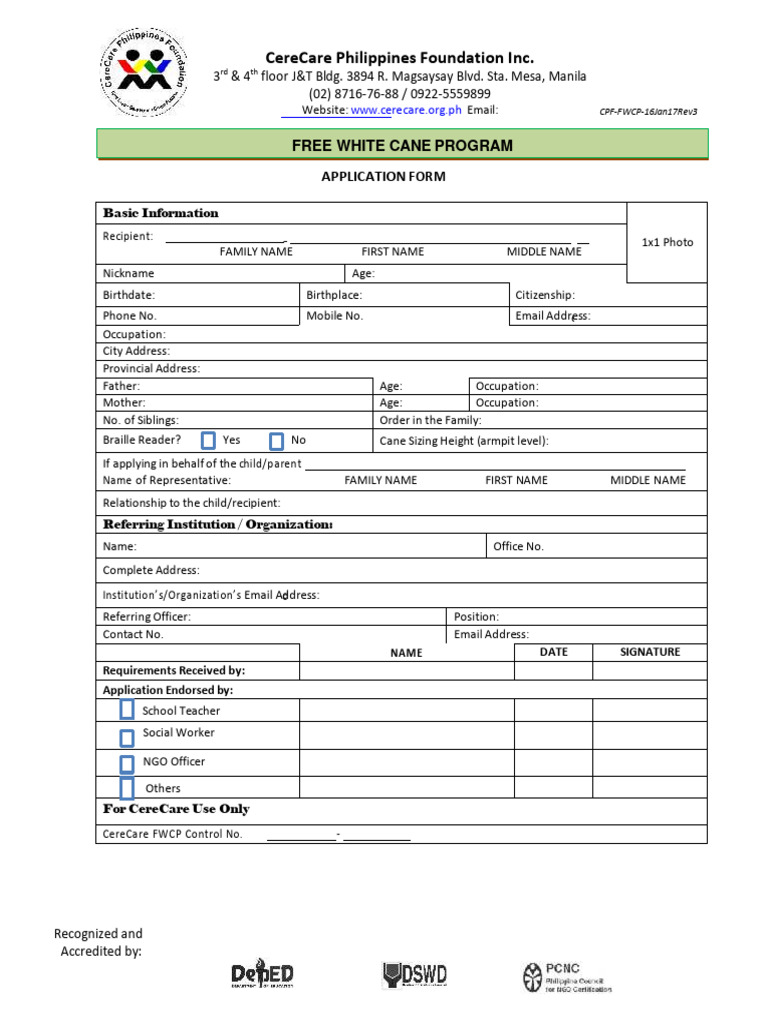 Free White Cane Program Form | PDF