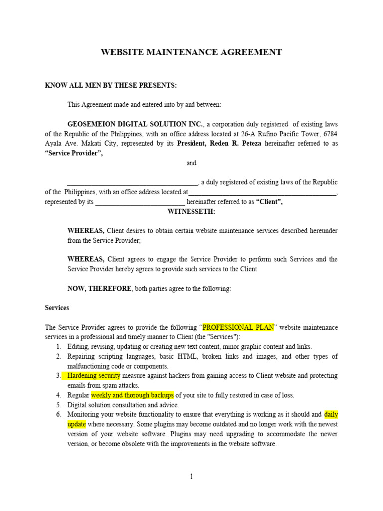 Website Maintenance Agreement | PDF