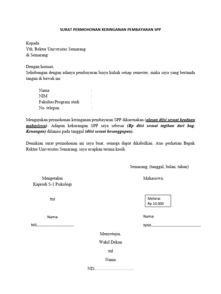 Surat Permohonan Keringanan Pembayaran SPP | PDF