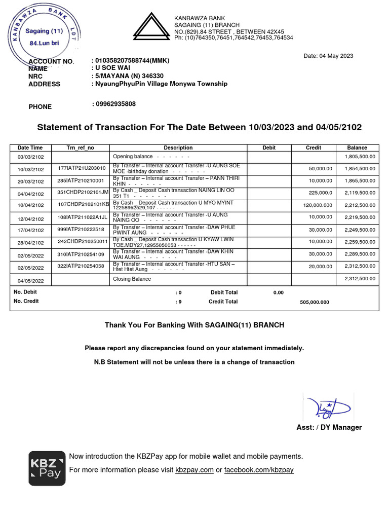 KBZ Bankstatement Sample | PDF