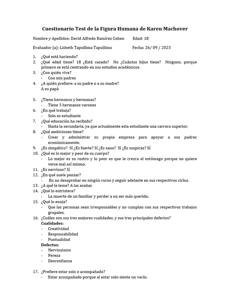 Cuestionario Test de La Figura Humana de Karen Machover | PDF | Salud y ...