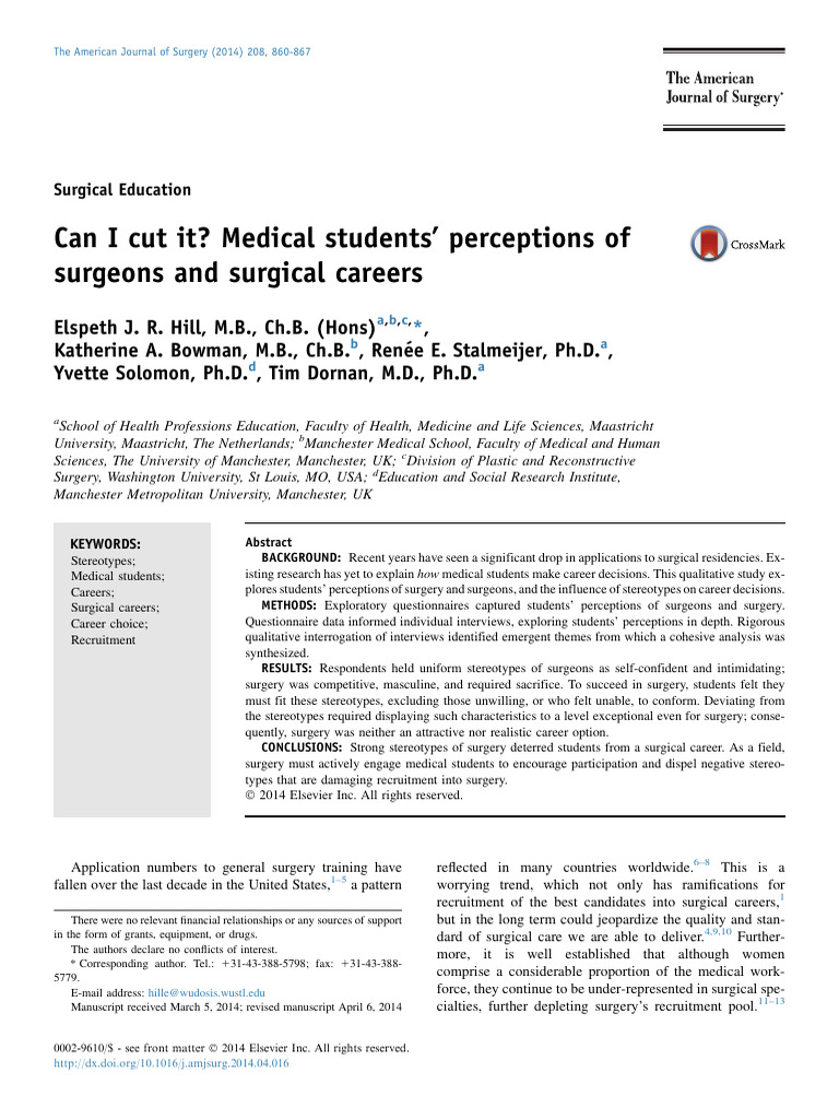 Can I Cut It? Medical Students' Perceptions of Surgeons and Surgical ...