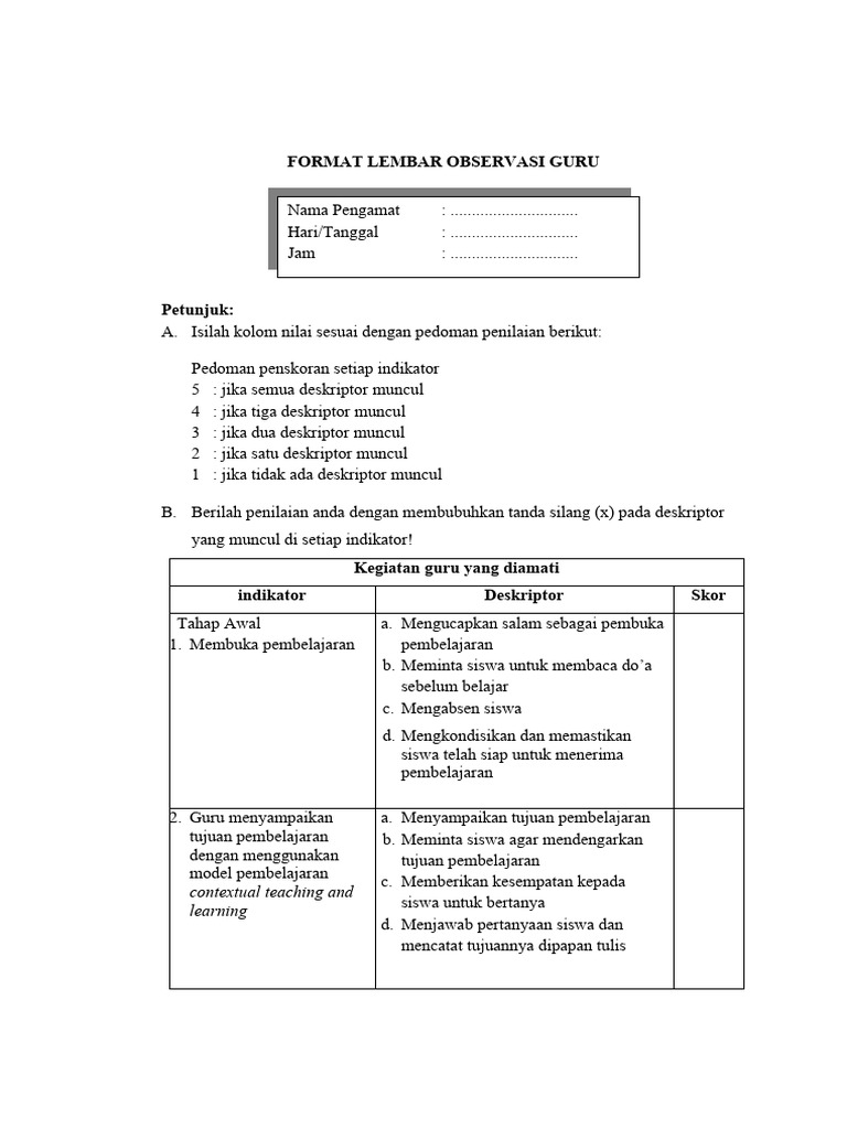 Format Lembar Observasi Guru | PDF