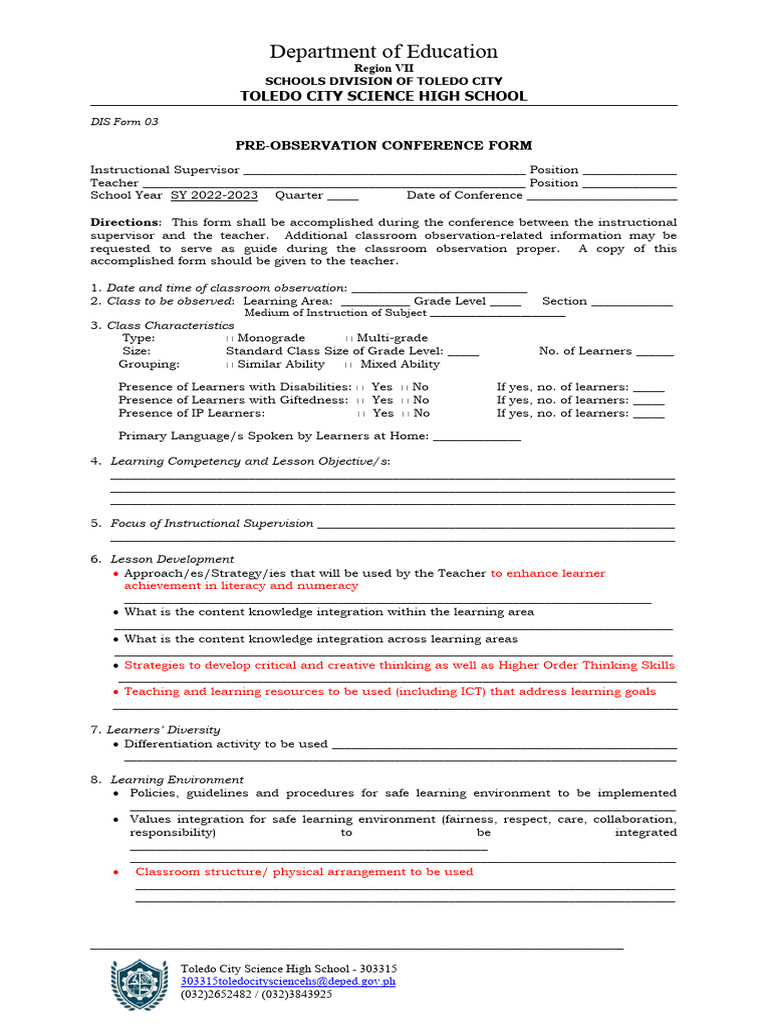 DIS Form 03 Pre Observation Conference New2023 | PDF | Learning | Teachers