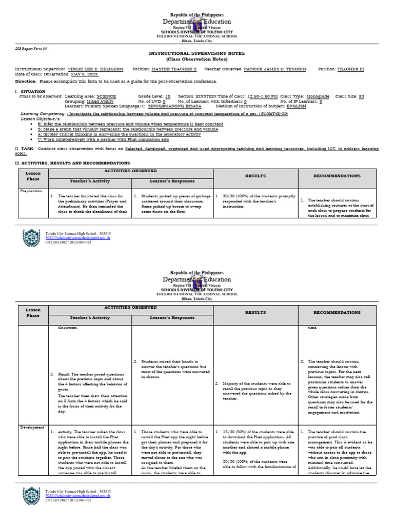 DIS Form 04 Instructional Supervisory Notes Tesorio Q4 | PDF | Teachers ...