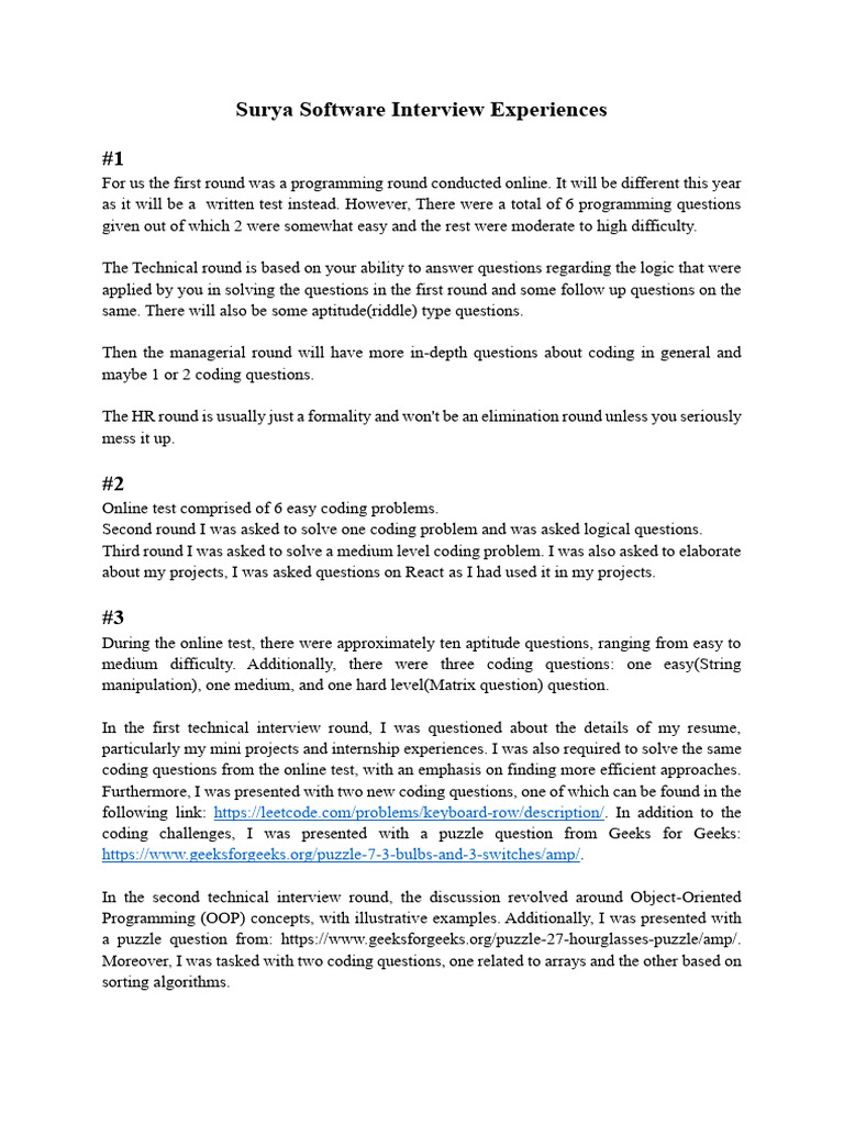 Surya Software Interview Experiences 2023 Pdf Computer Programming Object Oriented Programming