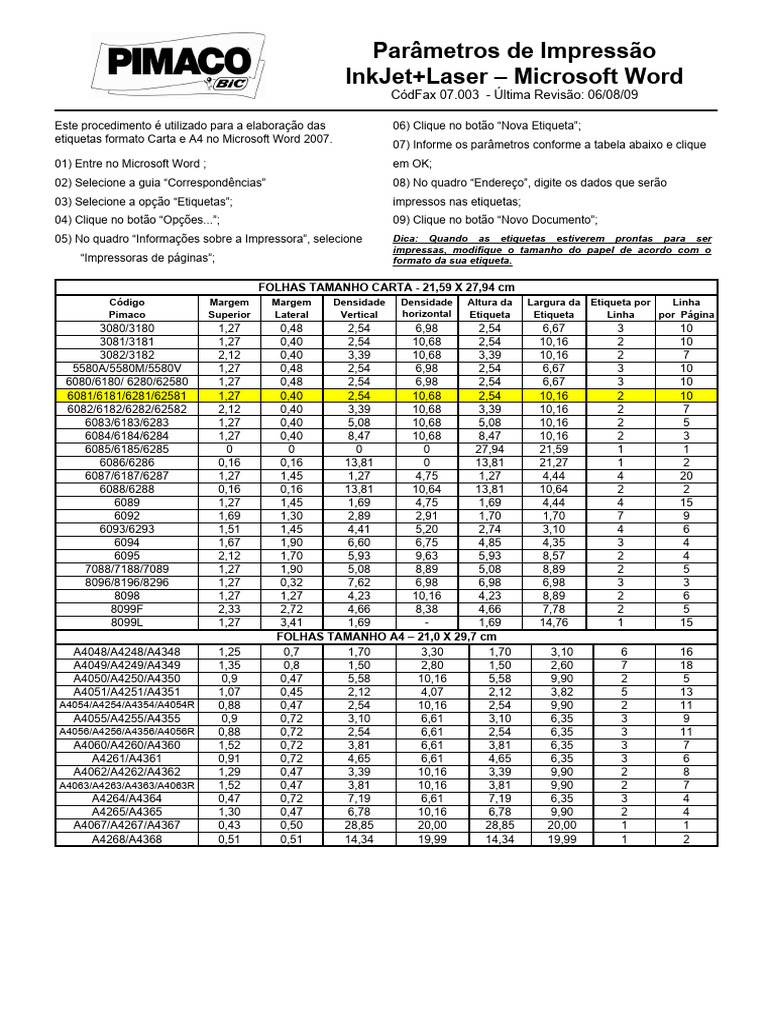 Etiquetas PIMACO Parametros - de - Impressao - InkJet - Laser - Microsoft - Word | PDF ...
