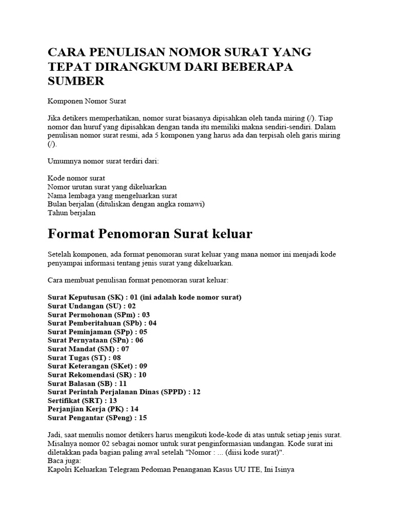 Cara Penulisan Nomor Surat Yang Tepat Dirangkum Dari Beberapa Sumber | PDF | Karier ...
