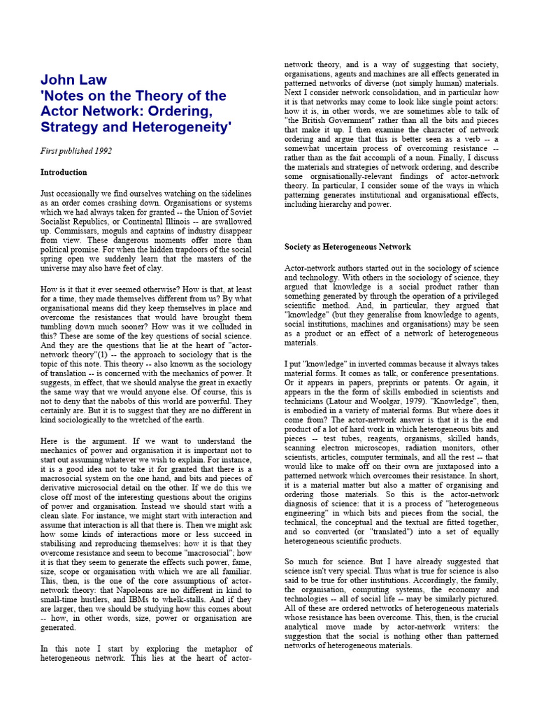 Notes On The Theory of The Actor Network | PDF | Sociology | Michel ... Notes On The Theory of The Actor Network | PDF | Sociology | Michel ...
