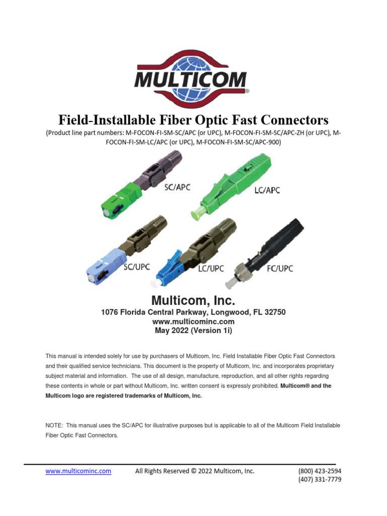 M FOCON FI SM XX Field Installable Fiber Optic Fast Connectors User ...