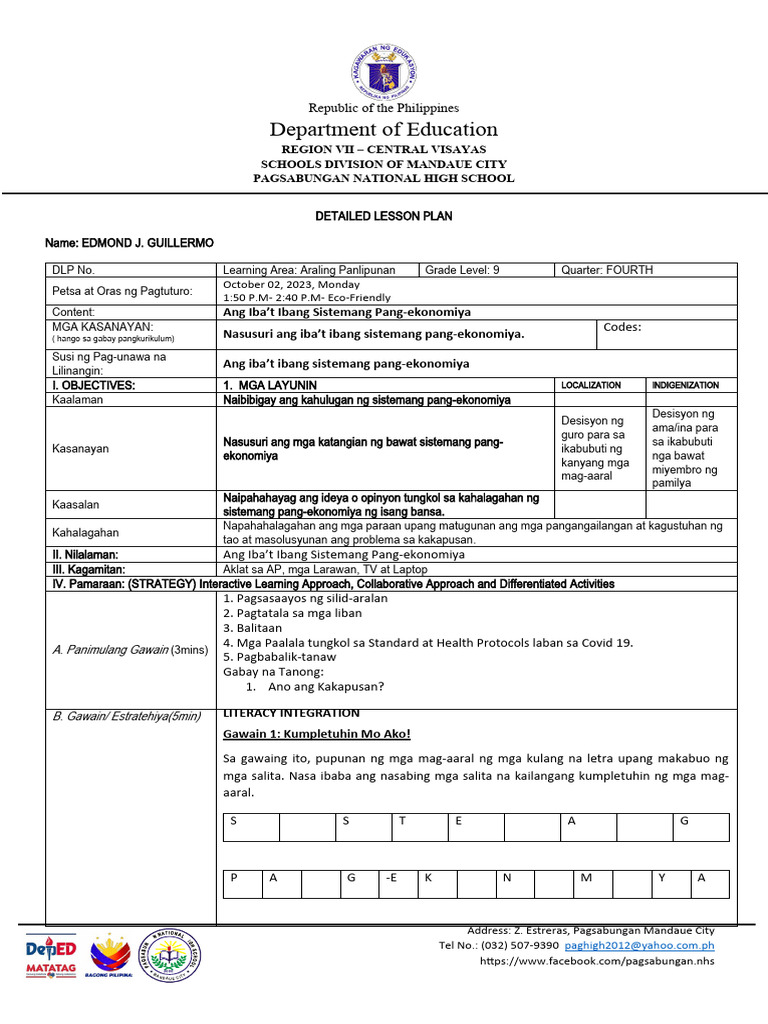 COT1 DLP AP9 Q1 Sistemang Pang Ekonomiya | PDF