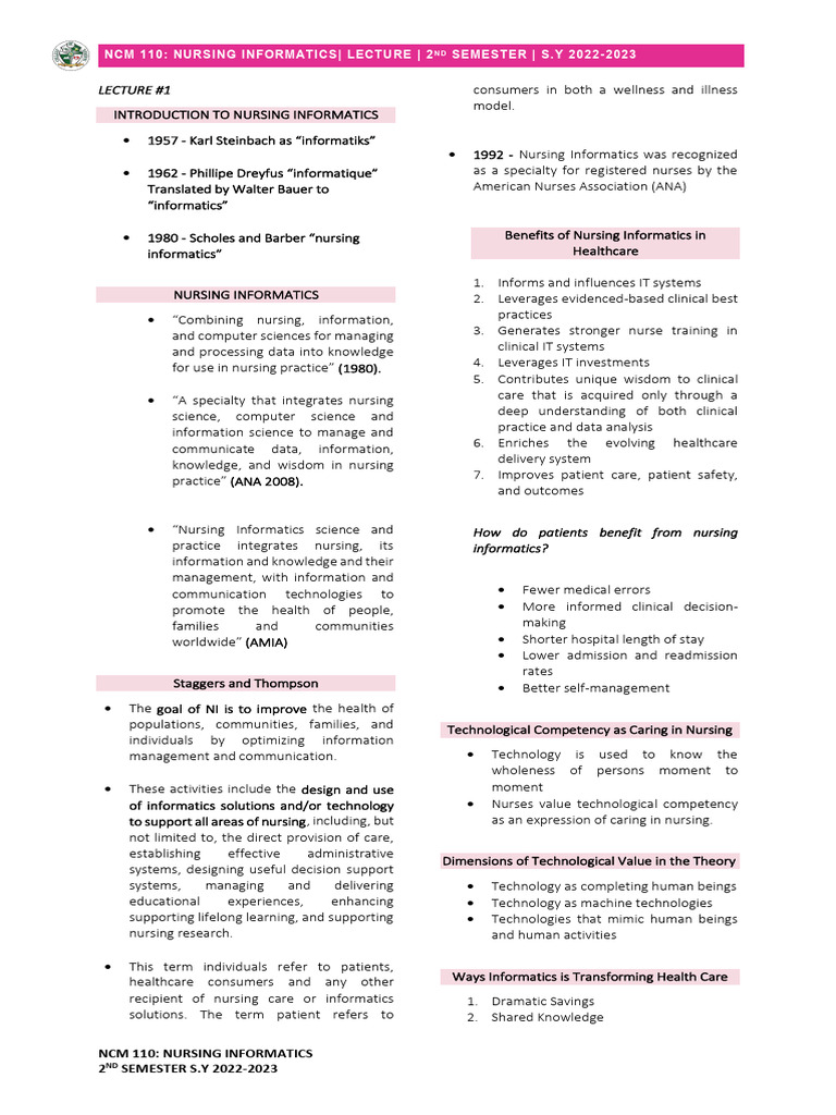 NCM 110 Nursing Informatics TRANSES | PDF | Health Informatics | Monitoring (Medicine)