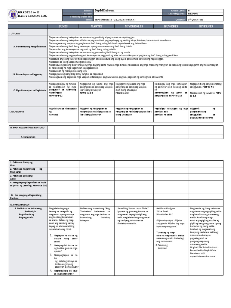 DLL - Filipino 6 - Q1 - W4 | PDF