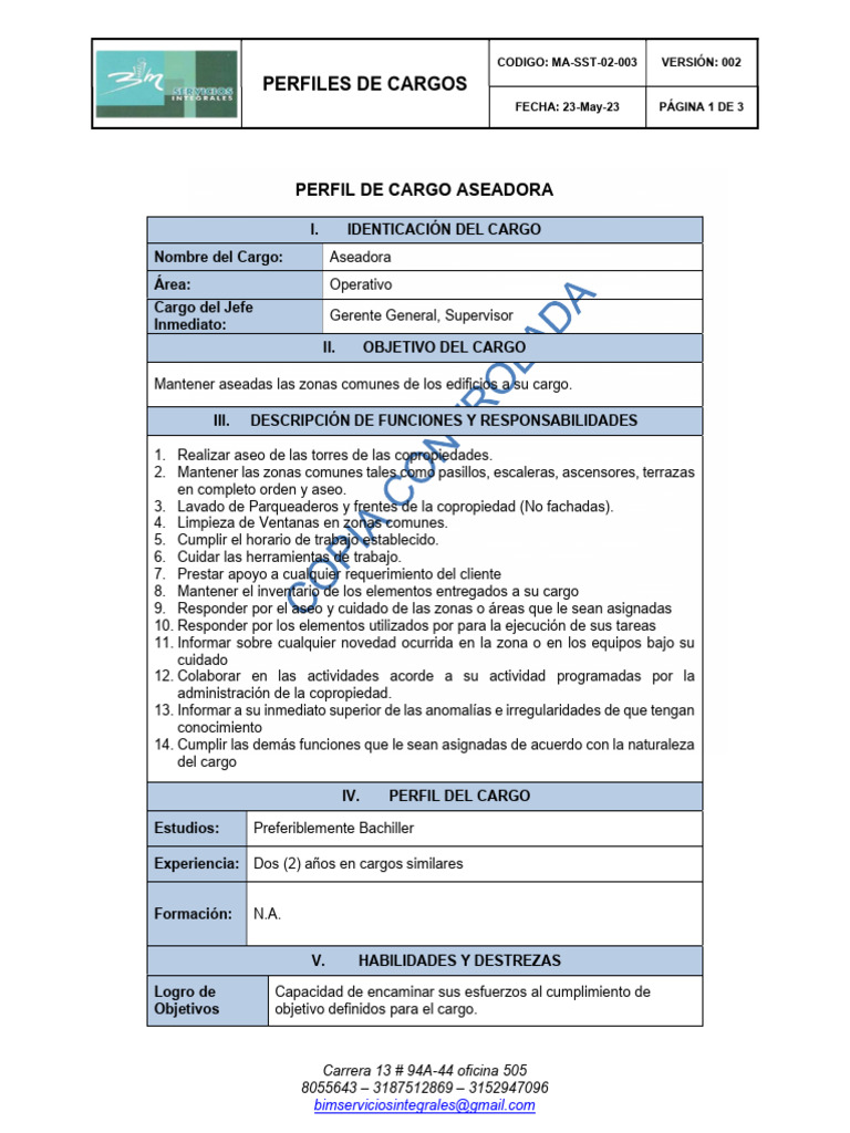 Ma-Sst-02-003 Perfil de Cargo Aseadora | PDF | Seguridad y salud ...