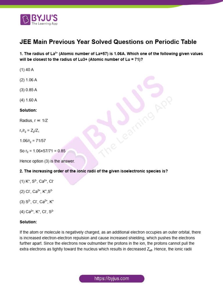 JEE Main Previous Year Solved Questions on Periodic Table.docx | PDF