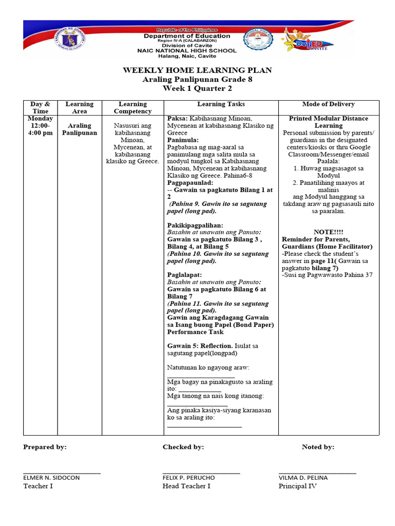 Weekly Home Learning Plan Week 1 | PDF