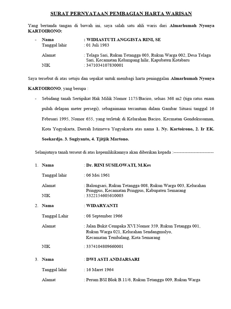 Surat Pernyataan Pembagian Harta Warisan | PDF