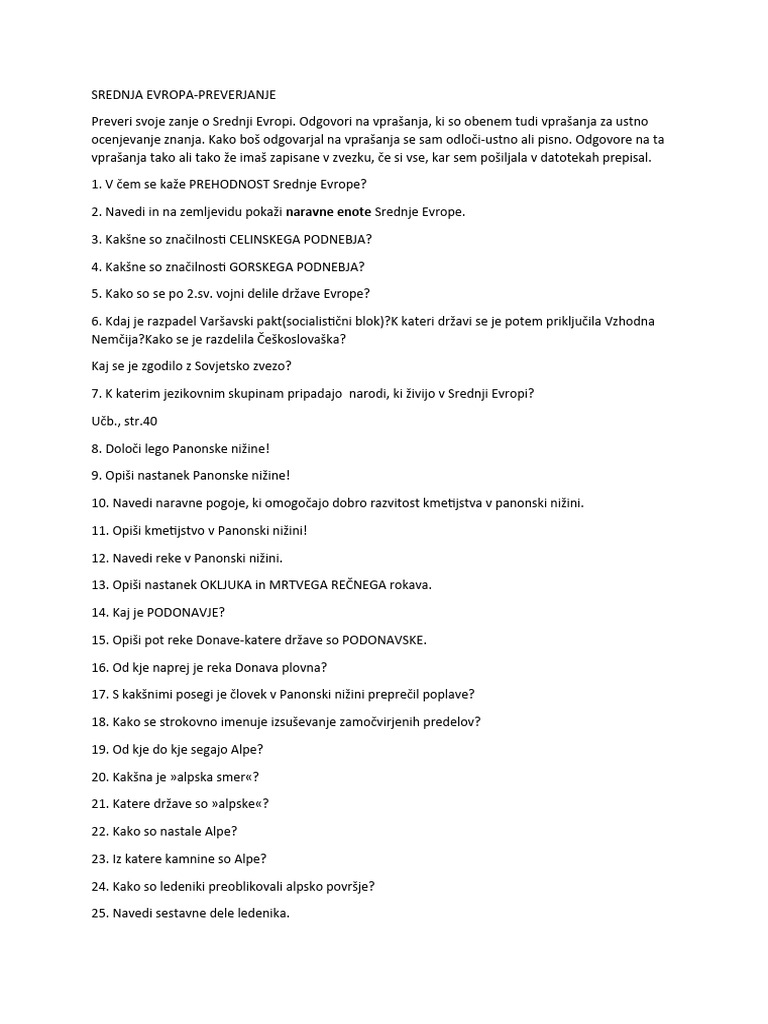 Srednja Evropa-preverjanje | PDF