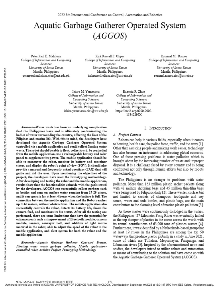 Aquatic Garbage Gatherer Operated System AGGOS | PDF | Robot | Robotics