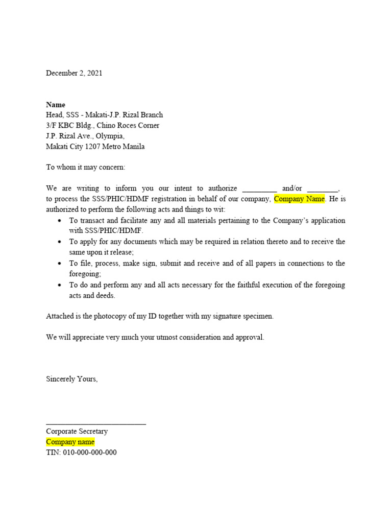 Sample Authorization Letter SSS | PDF